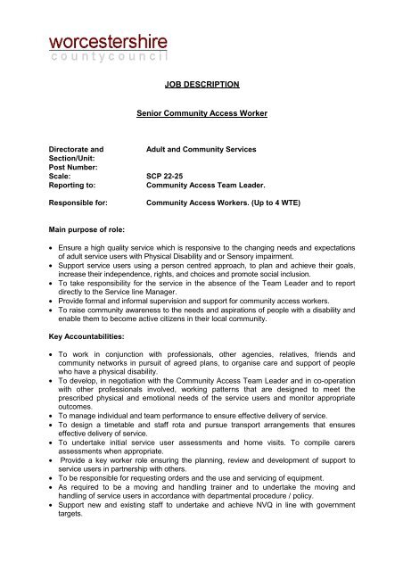 JOB DESCRIPTION Senior Community Access Worker