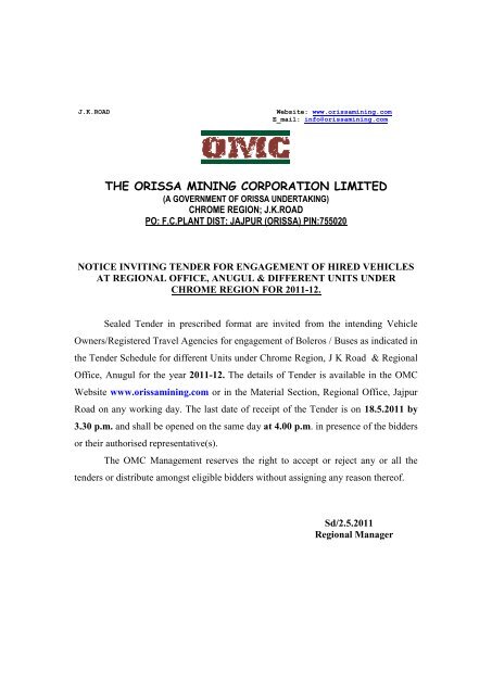 TENDER SCHEDULE - Orissa Mining Corporation