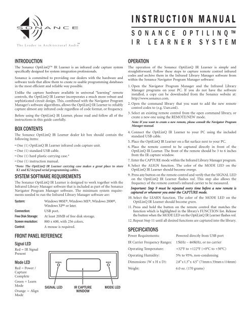 IR Learner Instruction Manual - Sonance