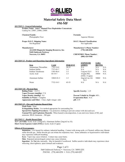 MSDS Autex Manual Fixer Replenisher Concentrate