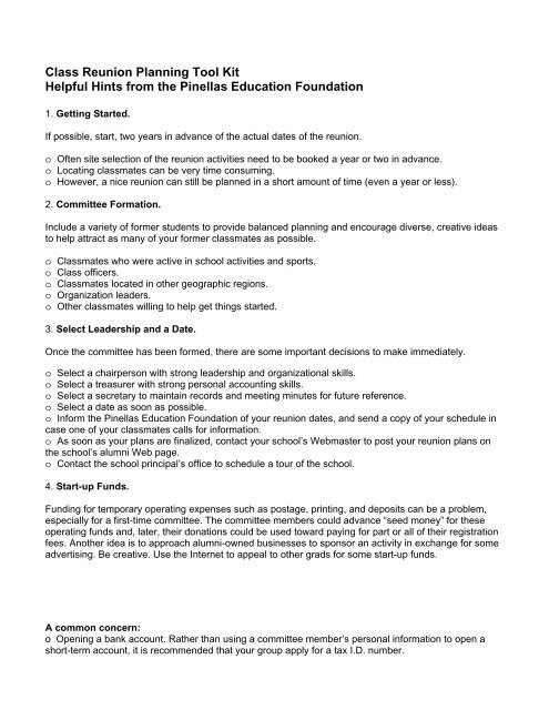 Class Reunion Planning Tool Kit - Pinellas Education Foundation