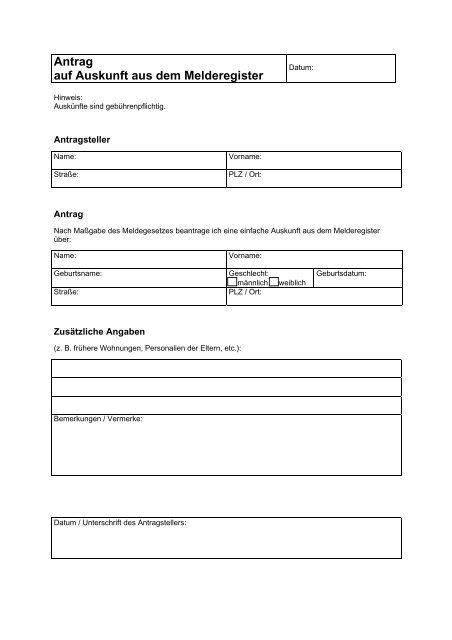 Antrag auf Auskunft aus dem Melderegister