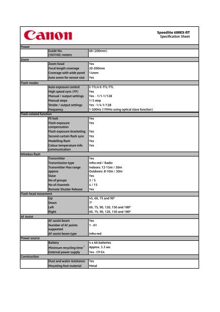 Speedlite 600EX-RT Specification Sheet - Canon Europe
