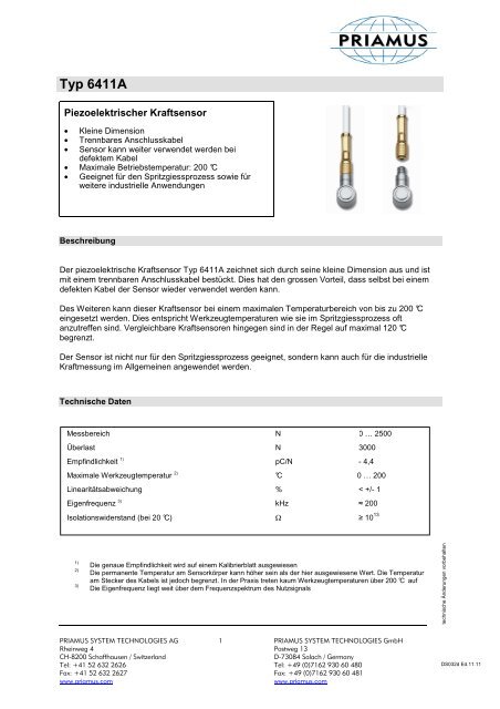 Piezoelektrischer Kraftsensor Typ 6411A - Priamus