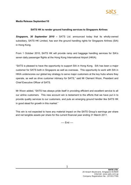 SATS HK to render ground handling services to Singapore Airlines