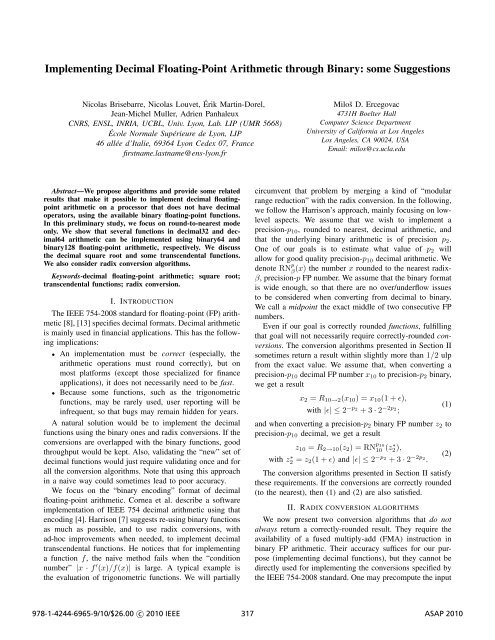 Implementing Decimal Floating Point Arithmetic Through Binary