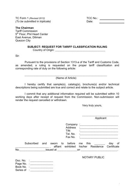 TC Form 1-a - Philippine Tariff Commission