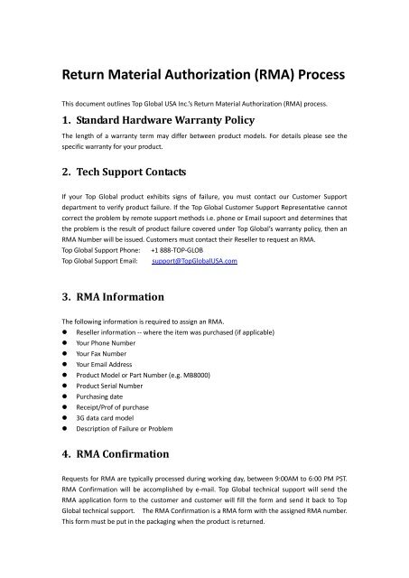 Return Material Authorization (RMA) Process - Top Global USA, Inc.