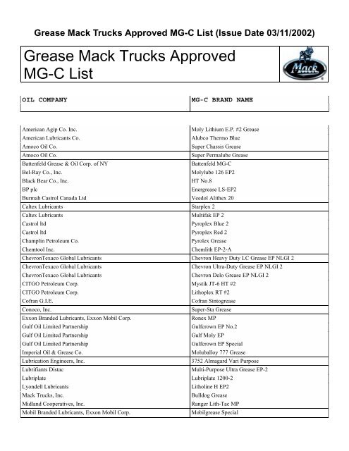 Grease Mack Trucks Approved MG-C List - Bruckners Truck Sales