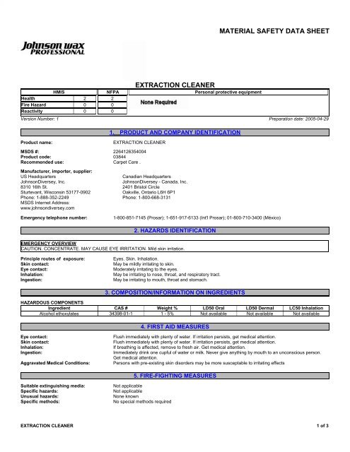 MATERIAL SAFETY DATA SHEET EXTRACTION CLEANER