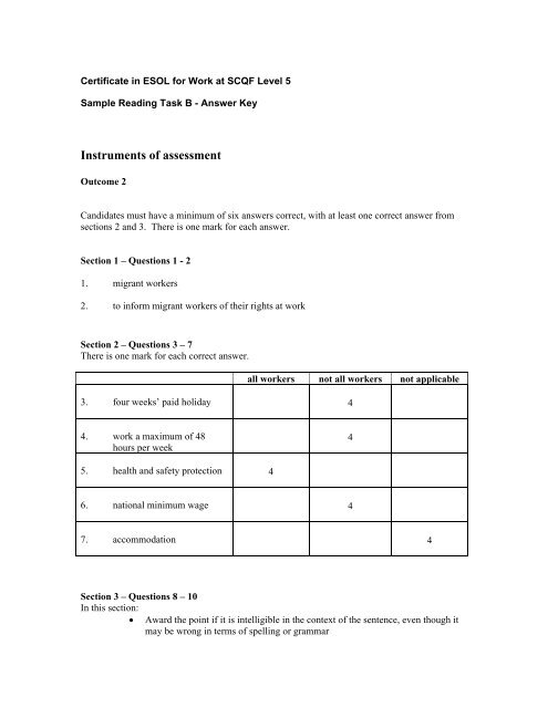Sample Reading Answer Key B