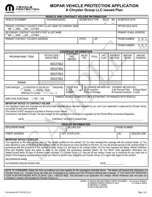 MOPAR VEHICLE PROTECTION APPLICATION - Dodge