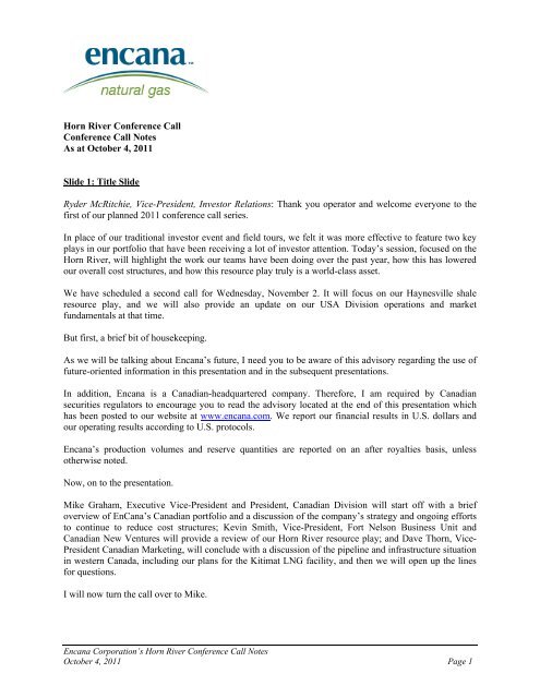 Horn River Conference Call Transcript - Encana