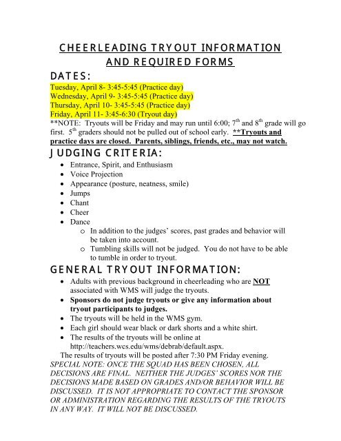 cheerleading tryout information and required forms dates