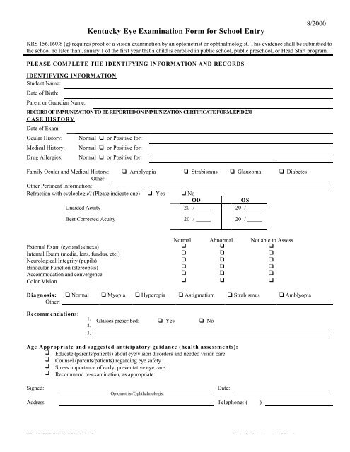 Kentucky Eye Examination Form for School Entry - Jefferson County ...