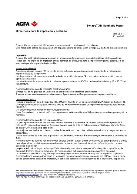 Recommendations Synaps XM_1.7_ES - Agfa