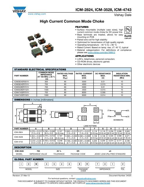 High Current Common Mode Choke - Vishay