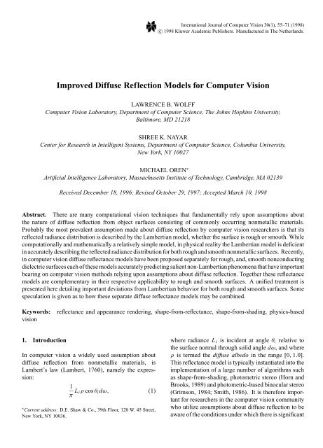 Improved Diffuse Reflection Models for Computer Vision - Columbia ...