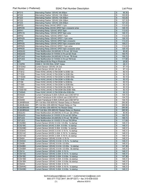 Part Number (• Preferred) SSAC Part Number Description List Price