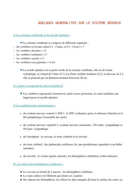 QUELQUES GENERALITES SUR LE SYSTEME NERVEUX