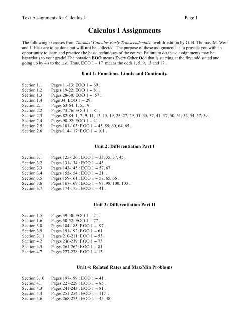 Text Assignments for Calculus I