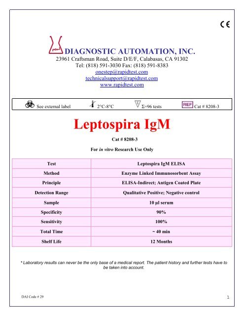 Leptospira IgM - ELISA kits - Rapid tests