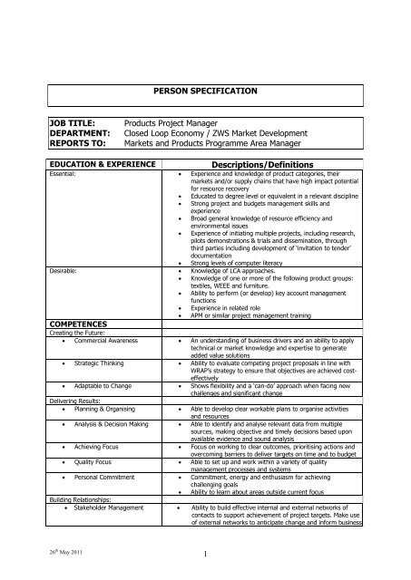 Products Project Manager - Person Specification - Wrap