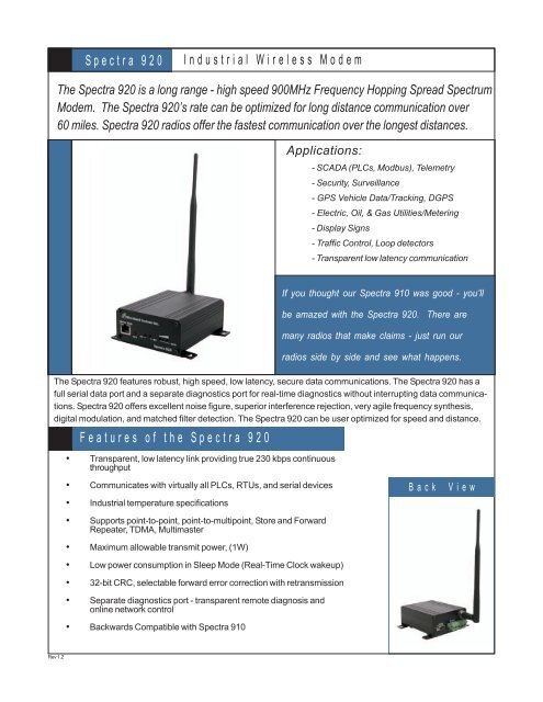 Spectra 920 Industrial Wireless Modem Features of the ... - Prodek
