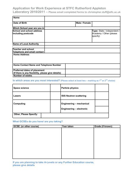 Application for Work Experience at STFC Rutherford Appleton ...