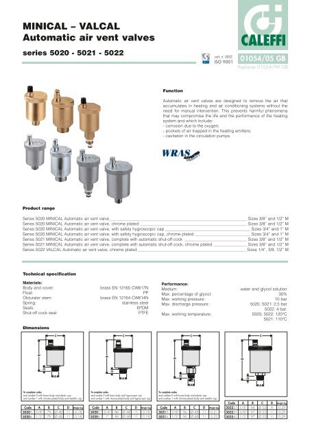 MINICAL â VALCAL Automatic air vent valves - Caleffi