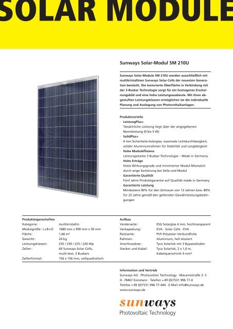 Sunways Solar-Modul SM 210U - Sunways AG