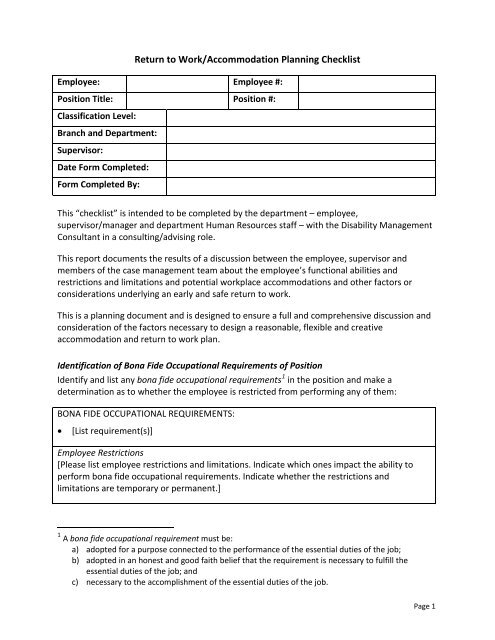 Work/Accommodation Planning Checklist