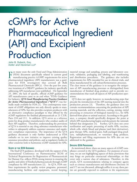 cGMPs for Active Pharmaceutical Ingredient (API ... - Keller Heckman