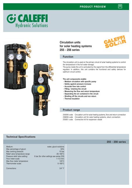 Circulation units for solar heating systems 255 - 256 series - Caleffi