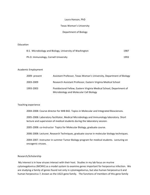 Laura Hanson, PhD Texas Woman's University Department of ...