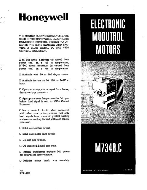 Tech Sheet for Honeywell M734B & M734C Electronic Modutrol ...