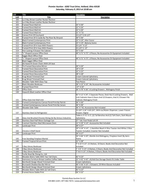 Inventory List - Pamela Rose Auction Company, LLC