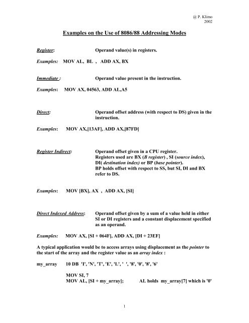 Examples on Use of 8086/88 Addressing Modes