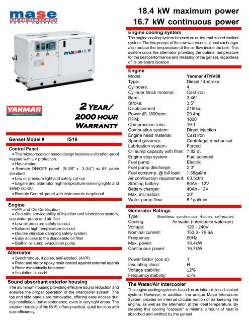 Specifications/Product Brochure - Mase Generators of North America