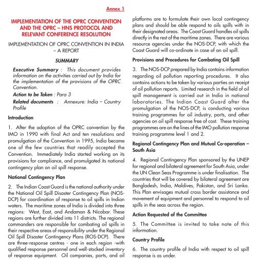 Implementation of OPRC Convention in India - Indian Coast Guard