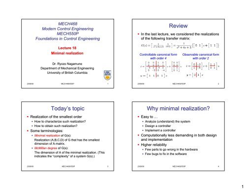 Review Today's topic Why minimal realization? - UBC Mechanical ...