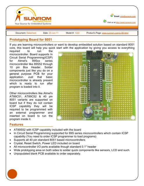 Prototyping Board for 8051 Features - Sunrom Technologies