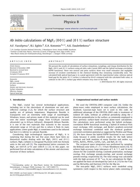 Ab initio calculations of MgF2 (001) and (011) surface structure
