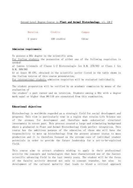 Second Level Degree Course in Plant and Animal Biotechnology ...