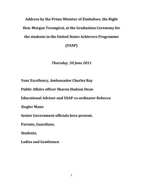 Address by the Prime Minister of Zimbabwe, the Right ... - UsapGlobal