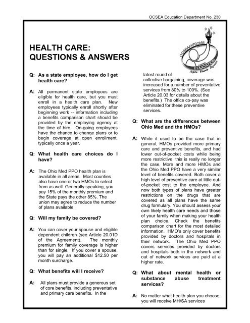 HEALTH CARE: QUESTIONS & ANSWERS - OCSEA