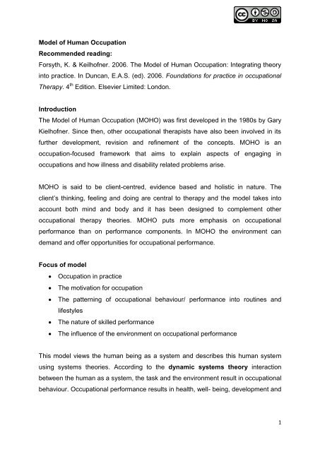 Model of Human Occupation Recommended reading: Forsyth ... - Vula