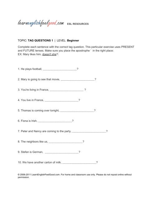 TOPIC: TAG QUESTIONS 1 - Learn English Feel Good