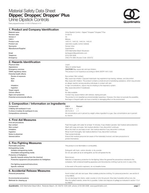 Material Safety Data Sheet Dipper,® Dropper ... - Quantimetrix