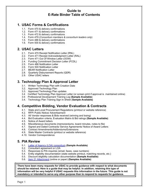 Guide to E-Rate Binder Table of Contents 1. USAC Forms ...